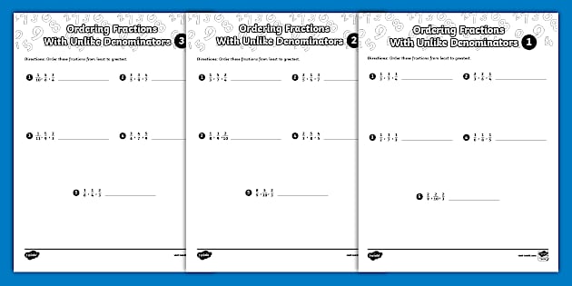 Ordering Fractions With Unlike Denominators Activities