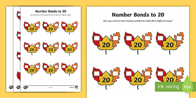 Autumn Leaf Number Bonds to 20 Worksheet / Worksheet