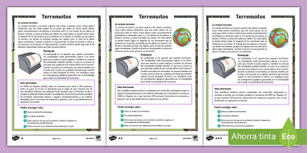 Comprensión lectora por niveles: Terremotos - Twinkl