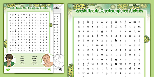 Verskillende Oordraagbare Siektes - Woordsoek - Twinkl