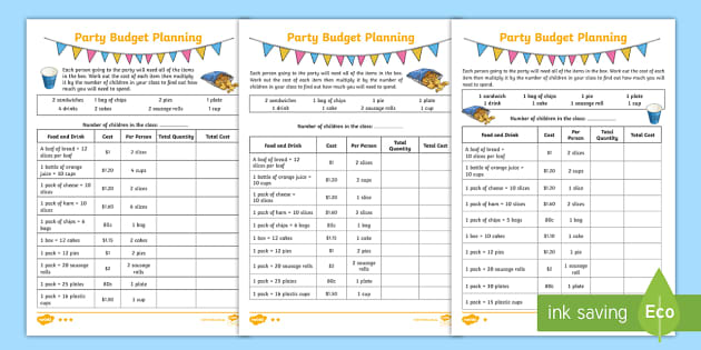 Party Budget Planning Differentiated Worksheets Twinkl