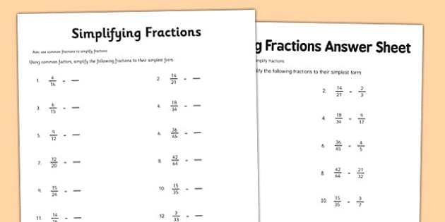 Simplifying Fractions Worksheet