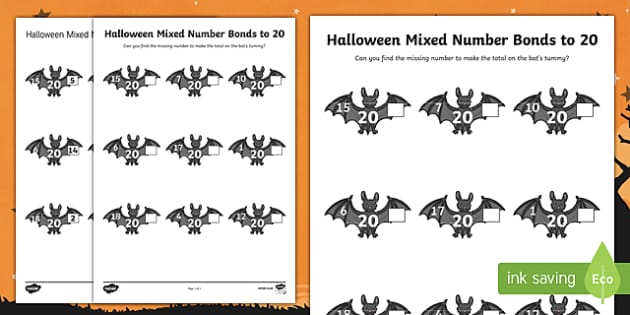 Halloween Themed Mixed Number Bonds to 20 Worksheet / Worksheet