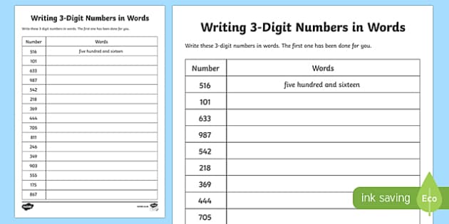 Place Value Writing 3 Digit Numbers In Words Worksheet Worksheet 