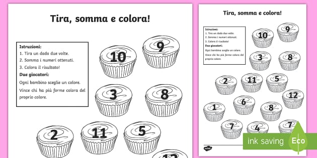 Tira il dado, somma e colora dei cupcake Attività - Twinkl