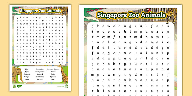 Singapore Zoo Animals Word Search