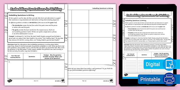 Embedding Quotations in Writing Research Worksheet 6th-8th