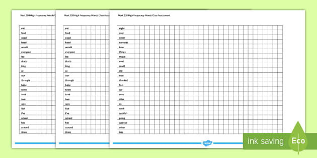 Next 200 High Frequency Words Class Assessment Sheet next-200-high-frequency-words-class-assessment-sheet