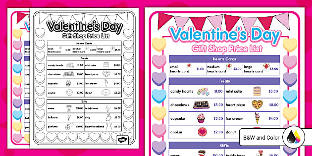 Valentine's Day Gift Shop Dramatic Play Price List - Twinkl