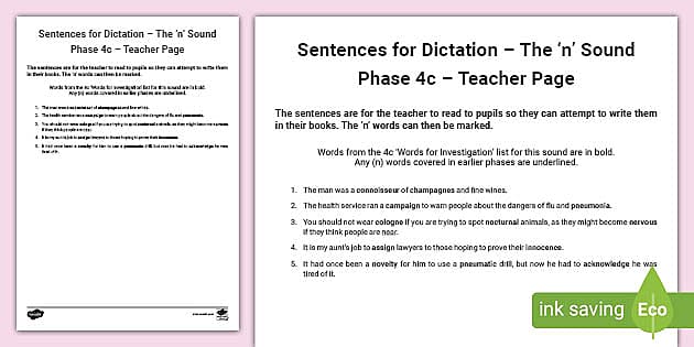 Linguistic Phonics Phase 4c 'n' Dictation Sentences Teacher Worksheet
