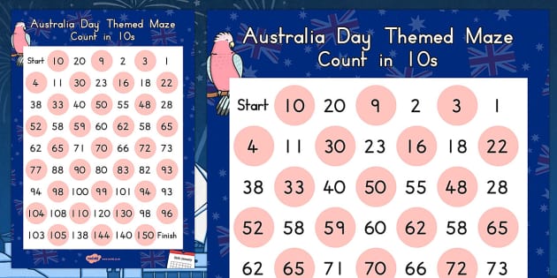 Australia Day Counting in 10s Maze Worksheet