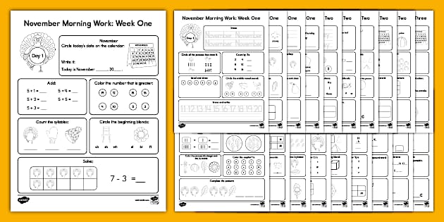 Kindergarten November Morning Work Bundle (teacher made)