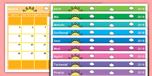 Calendr - welsh, calendar, days, dates, weeks, months