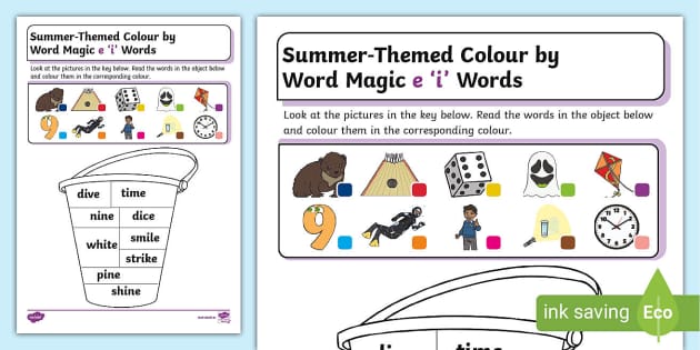 Summer Themed Colour by Word Magic e 'i' Words - Twinkl