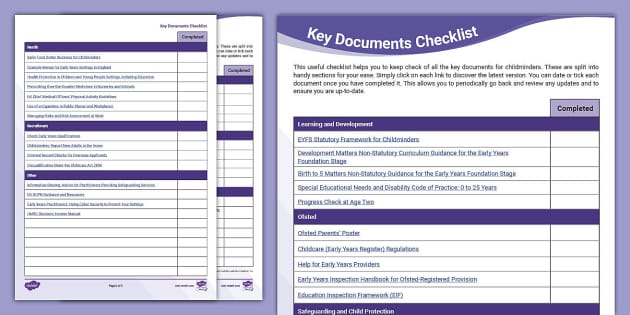 Key Documents Checklist for Childminders - Twinkl
