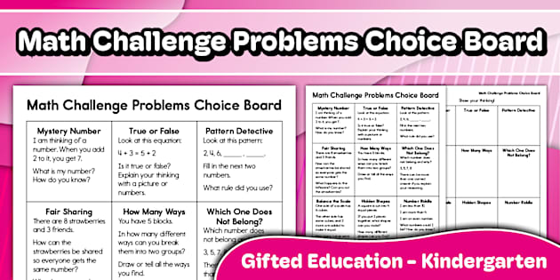 Math Challenge Problems Choice Board for Gifted Education