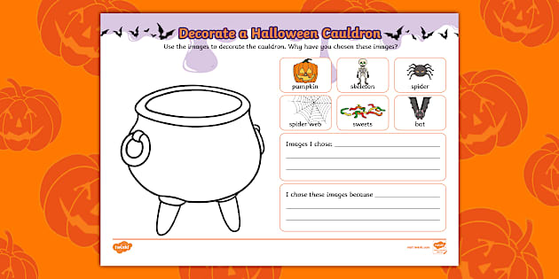 Decorate a Halloween Cauldron Worksheet (teacher made)