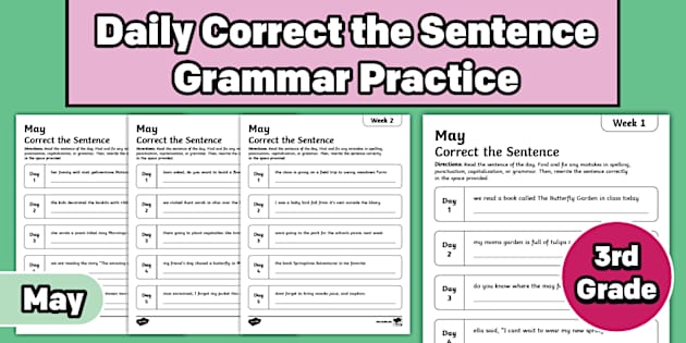 Third Grade May Daily Correct the Sentence Grammar Practice