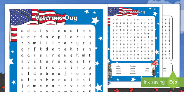 Veterans Day Word Search - Army, Navy, Air force, coast guard