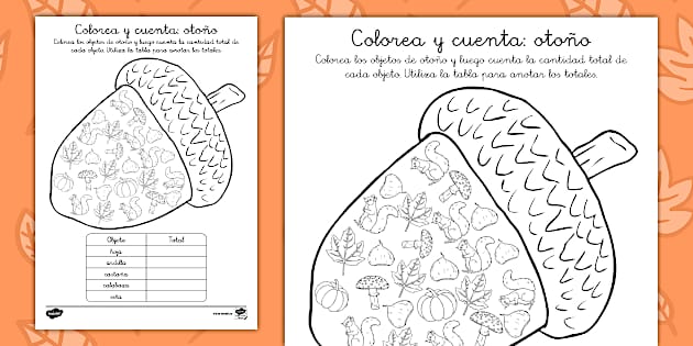 Ficha de actividad: Colorea y cuenta - otoño - Twinkl
