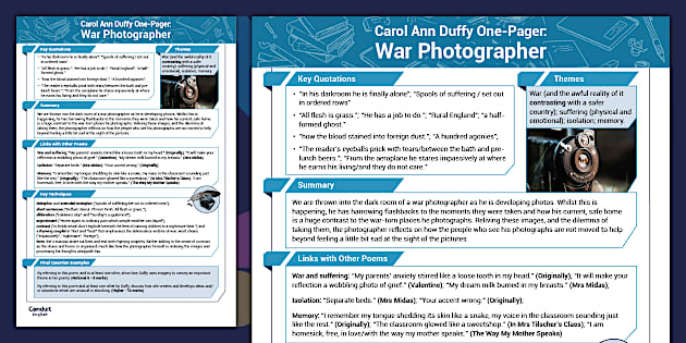 Carol Ann Duffy One-Pager: War Photographer (teacher made)