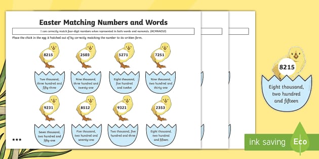 Year 3 Easter-Themed Matching Numbers and Words Worksheet