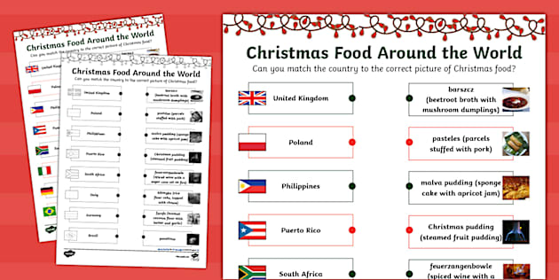 Christmas Food Around the World Matching Worksheet - Twinkl