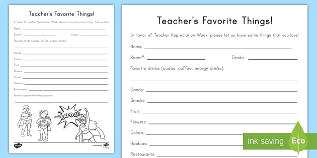 Teacher's Favorite Things Activity - Teacher Appreciation Week, Teacher