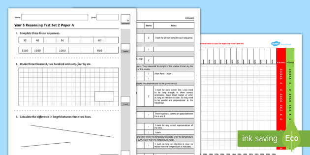 Year 5 Maths Reasoning Test Set 2 Assessment Pack Analysis Grid
