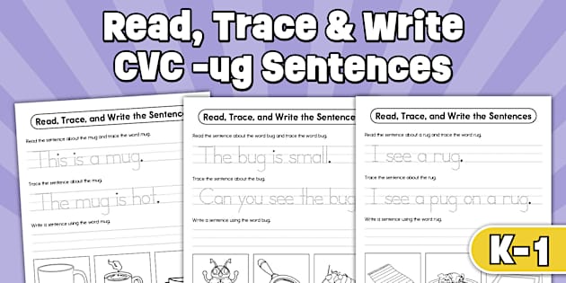 Read, Trace, and Write CVC -ug Word Family Worksheets for K-1st Grade