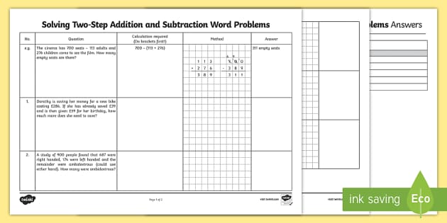 Two Step Addition And Subtraction Word Problems Twinkl