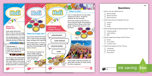 KS1 Holi Differentiated Reading Comprehension Activity