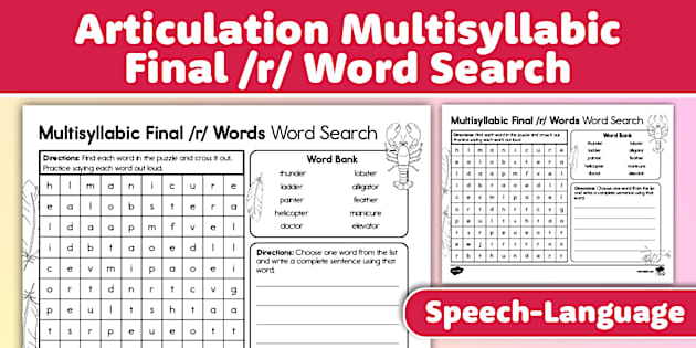 Articulation Multisyllabic Final /r/ Words Word Search for SLP