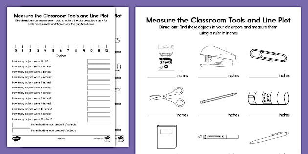 Measure the Classroom Tools and Line Plot Worksheet - Twinkl
