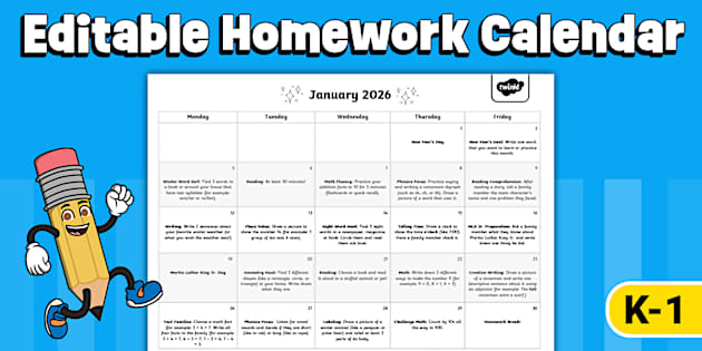 Editable January Homework Calendar for K-1st Grade
