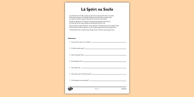 Lá Spóirt Na Scoile Comprehension Worksheet Gaeilge