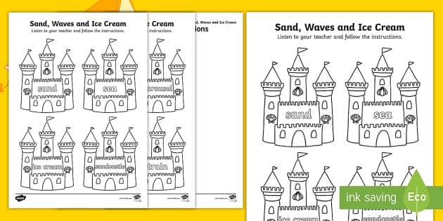 Sand, Waves and Ice Cream Listen and Colour Worksheet / Worksheet