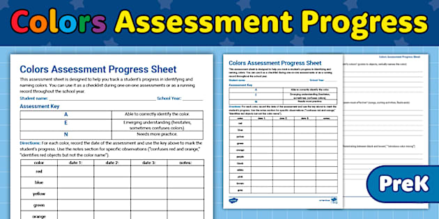 Prekindergarten Colors Assessment Progress Sheet - Twinkl