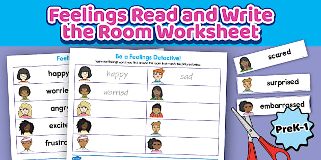 Feelings Read and Write the Room Worksheet - Twinkl