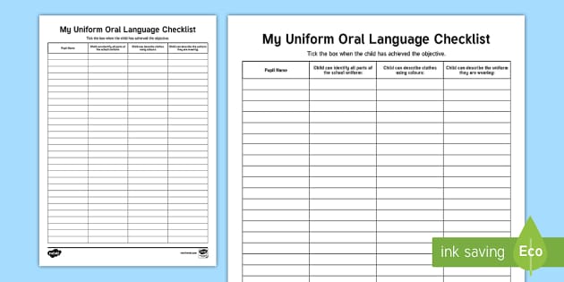 My Uniform Oral Language Checklist - Twinkl