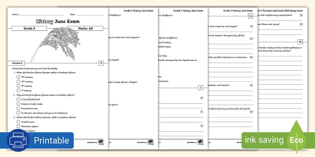 Grade 5 History Exam Papers South Africa (teacher made)