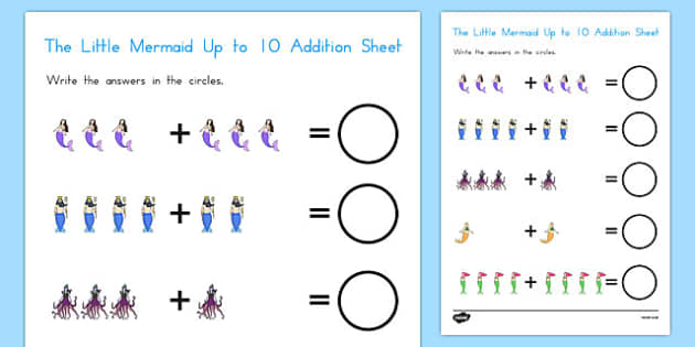 The Little Mermaid Up to 10 Addition Sheet (teacher made)