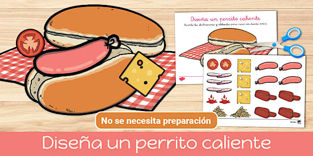 Ficha de actividad: Cortar y pegar - Diseña un perrito caliente