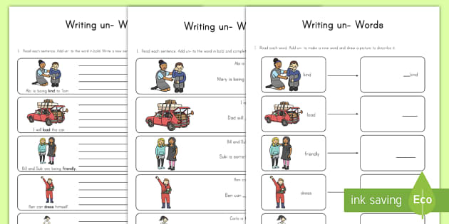 Writing un- Words Differentiated Worksheet / Worksheets