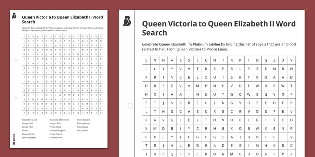 Platinum Jubilee Queen Victoria to Elizabeth II Word Search