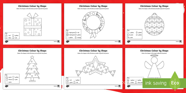 Christmas Themed Colour by 2D Shape Worksheet / Worksheet