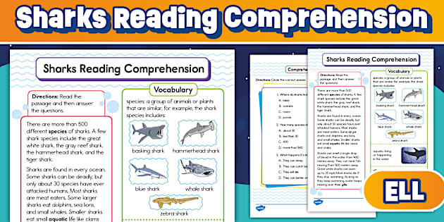 Sharks Reading Passage Comprehension Worksheet for ELL