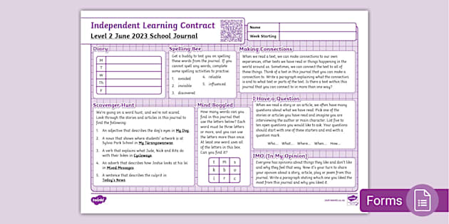 * NEW * Level 2 June 2023 School Journal: Independent Learning Contract