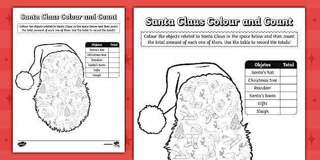 Santa Claus Colour and Count Worksheet - Twinkl