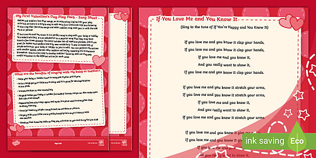 My First Valentine's Day Play Pack - Song Sheet - Twinkl
